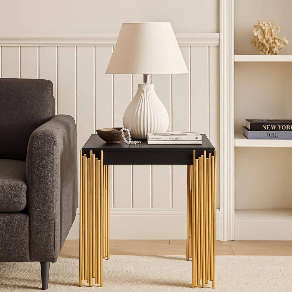 Benjara Theo 24.61 in. Black Square Wood Side End Table with Retro Gold ...