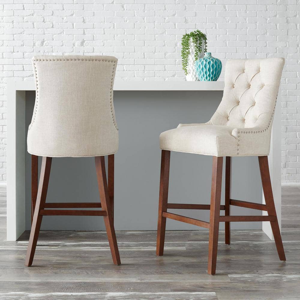 StyleWell Bakerford Biscuit Beige Upholstered Bar Stool with Tufted ...