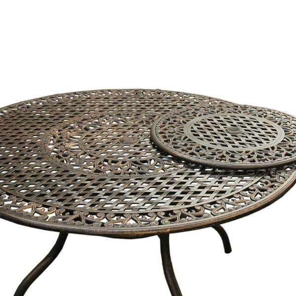 Ornate Traditional 7 Piece Bronze Aluminum Round Outdoor Dining Set with Lazy Susan and 6 Chairs