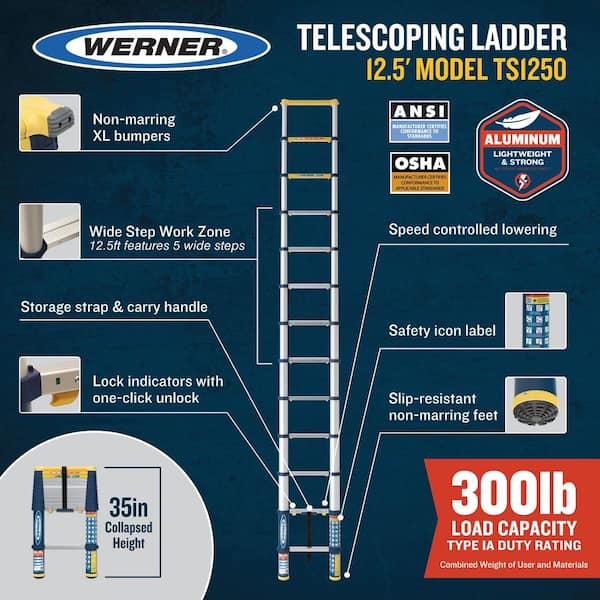 Werner 12.5 ft. Aluminum Telescoping Extension Ladder with 300 lbs. Load Capacity Type IA Duty ...