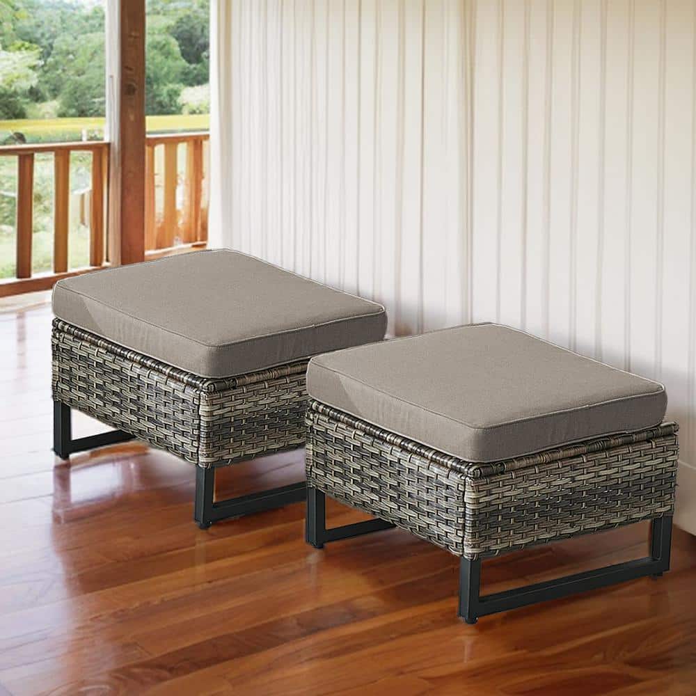 Gymojoy Gray Wicker Outdoor Ottoman with Gray Cushions (Set Of 2) GM097 ...