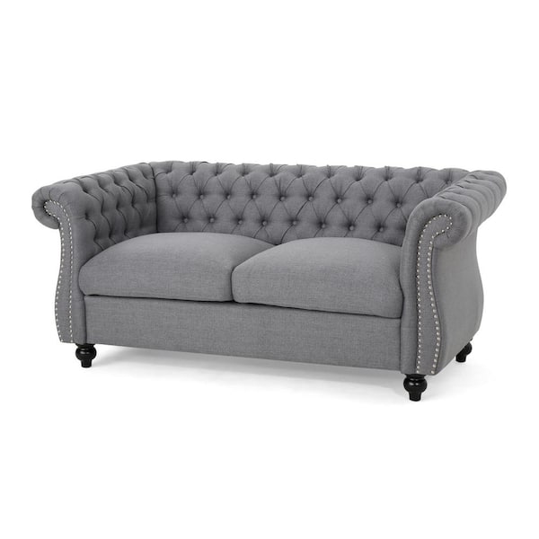 Noble House Somerville 61.8 in. Dark Gray Tufted Polyester 2 Seater Chesterfield Loveseat with Nailheads 53390