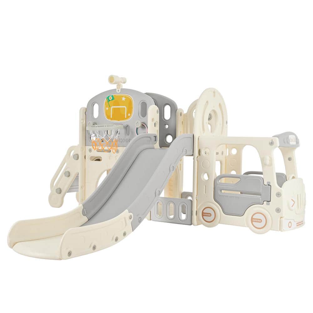 Gray and White Bus Model 9-in-1 Castle Climbing Slide Playset Swing Set ...