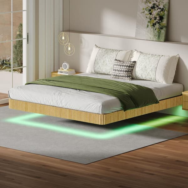 Yellow Wood Frame Queen Floating Platform Bed Frame with LED Lights ...
