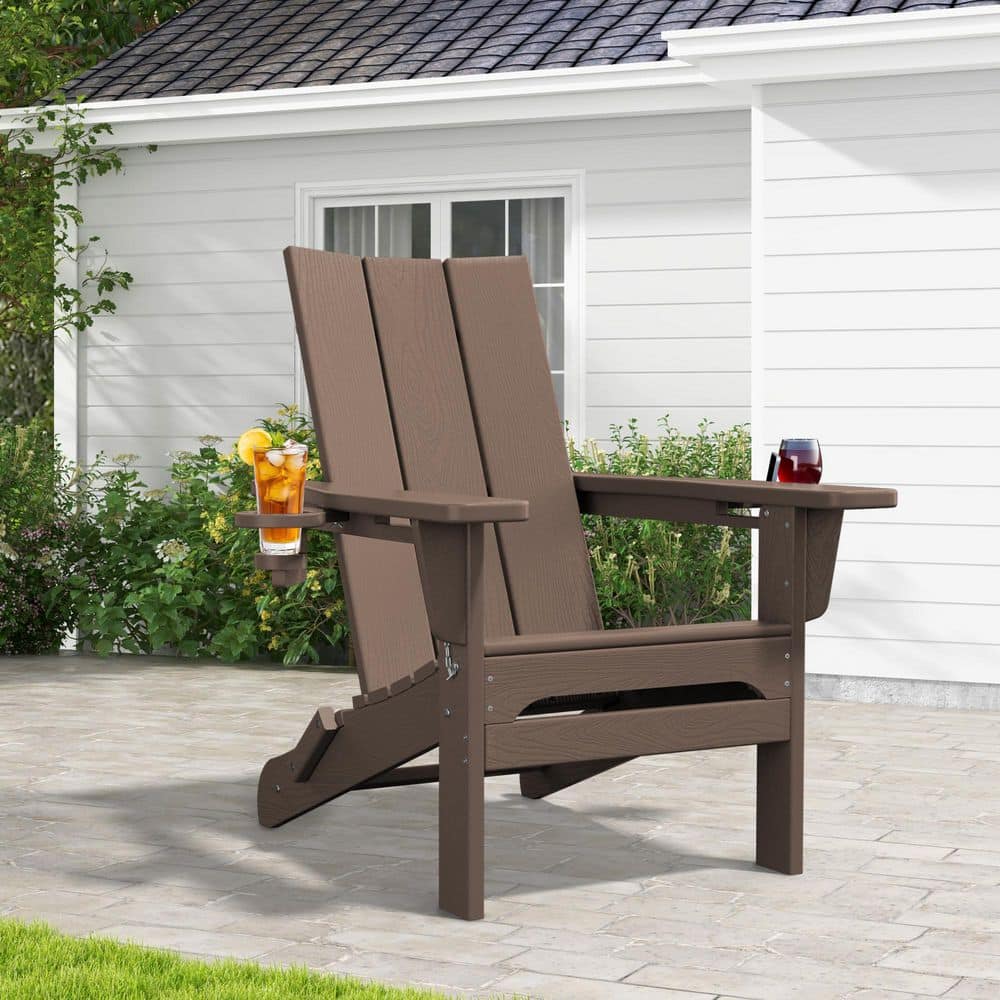 JEAREY Classic Brown Folding Plastic Adirondack Chair with Double Cup ...