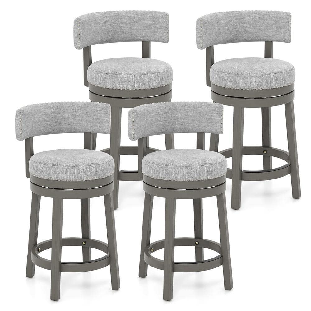 Gymax 26.5 in. Grey Set of 4 Upholstered Swivel Bar Stools Wooden ...