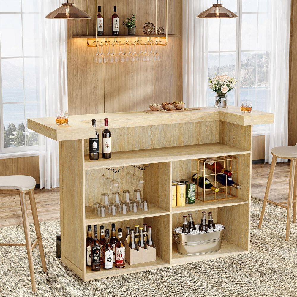 BYBLIGHT Kearsten 70.9 in. Wooden Brown Bar Table, 4-Tier Bar Counter Cocktail Table with 5 Muti ...