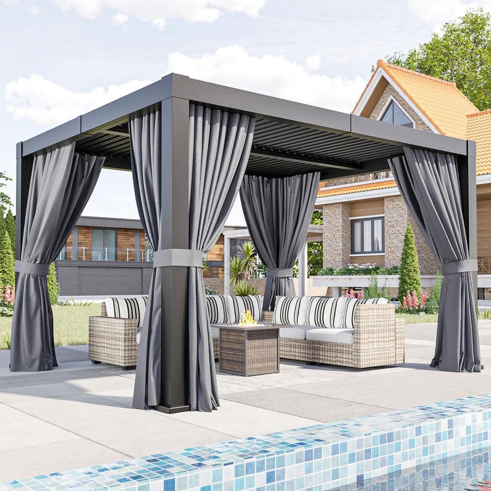 Sizzim 10 ft. x 12 ft. Black Hardtop Louvered Pergolas, Aluminum Frame ...