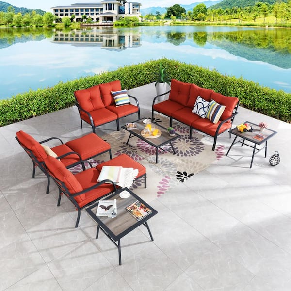 Patio Festival 12-Piece Metal Patio Conversation Set with Red Cushions ...