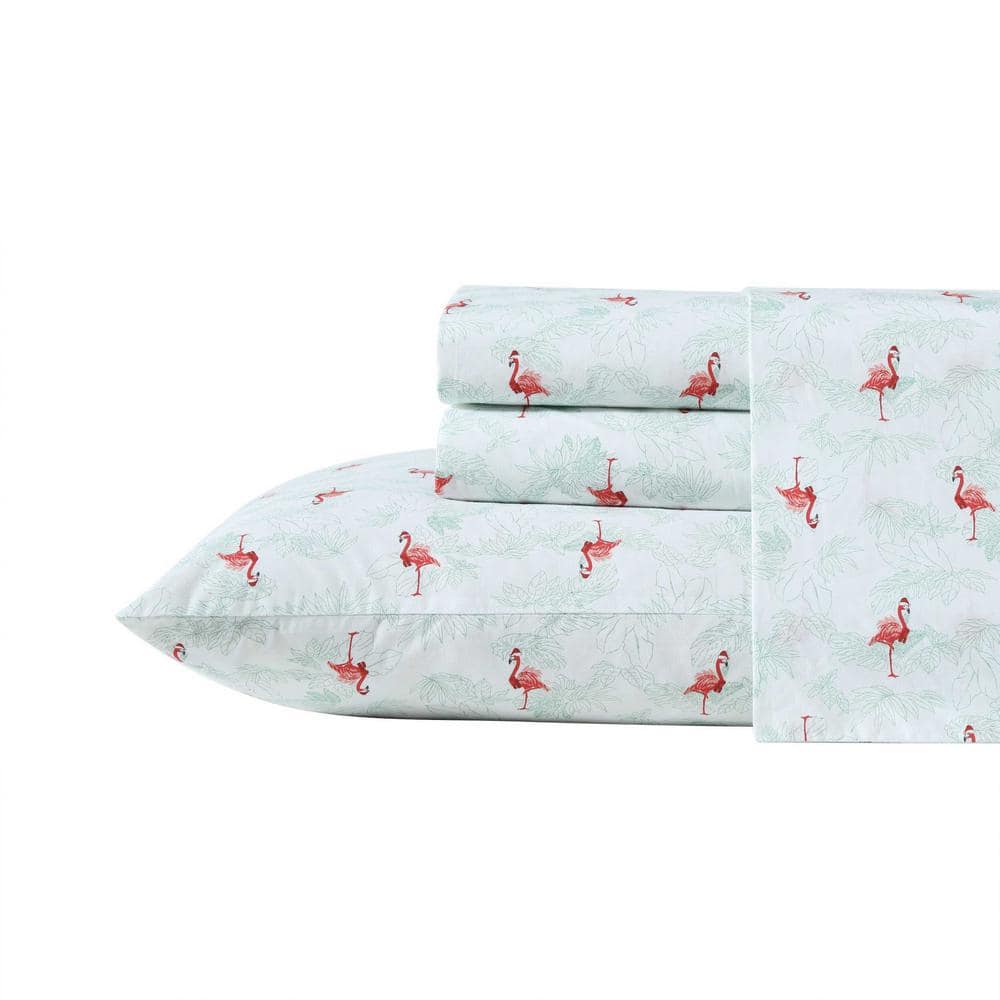 Tommy Bahama Flamingo Santa 4-Piece Red/Green 100% Cotton Queen Sheet ...