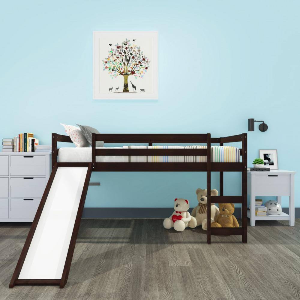HomeRoots Charlie Espresso Twin Loft Bed with Slide 44 in. H x 78 in. W ...