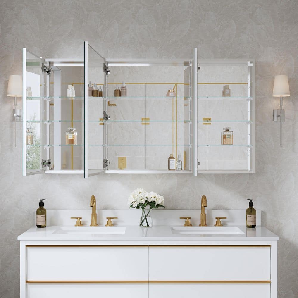 WELLFOR ROSA 56.1 in. W x 30 in. H Rectangular Aluminum Tri-View Medicine Cabinet with Mirror ...