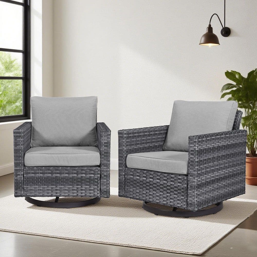 Gray Swivel Wicker Outdoor Lounge Chair with Gray Cushions (2-Pack) AAA ...