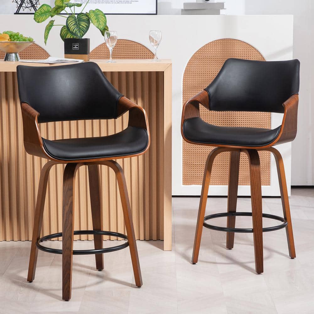 Glamour Home Beasley 26in. Black Wood Counter Stool with Faux Leather ...