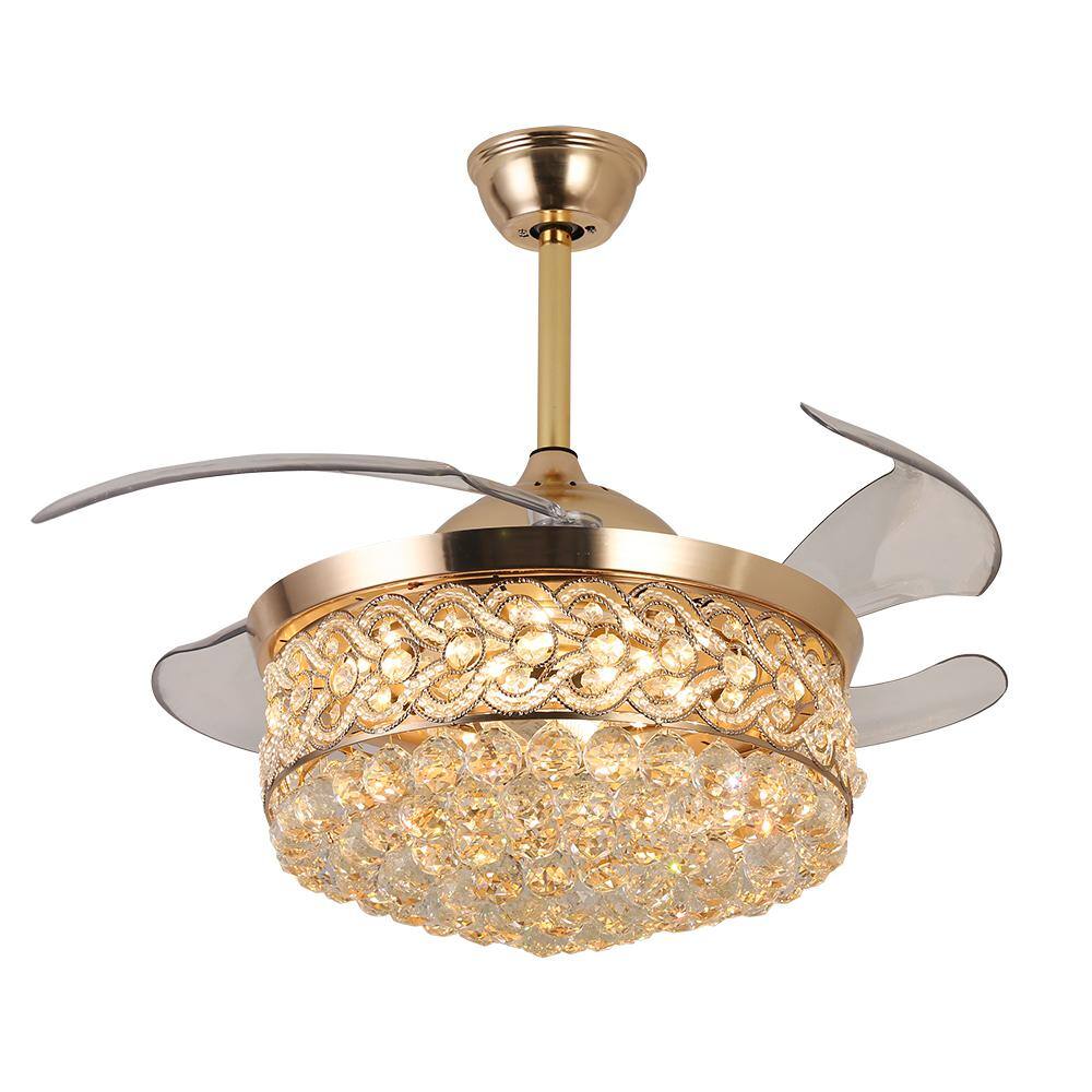 OUKANING 42 in. Indoor Gold Modern Luxury Crystal Retractable Ceiling ...