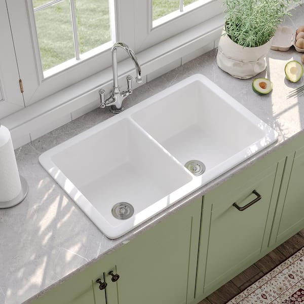 DEERVALLEY 32 in. L x 19 in. W White Fireclay Rectangular Double Bowl Undermount Kitchen Sink ...