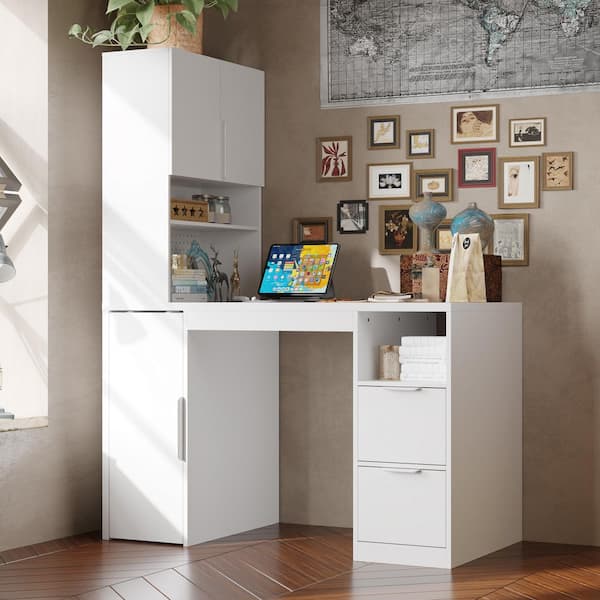 FUFU&GAGA Modern 46.5 in. L-Shaped White Wood Computer Desk with Hutch ...