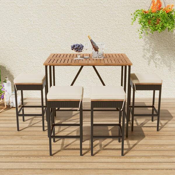 5-Piece Outdoor Acacia Wood Bar Height Table, Four Stools With Cushions ...