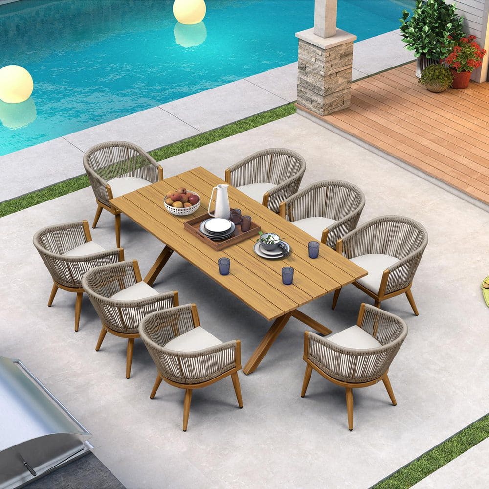 PURPLE LEAF 9-Piece Aluminum All-Weather Wicker Outdoor Dining Set with ...
