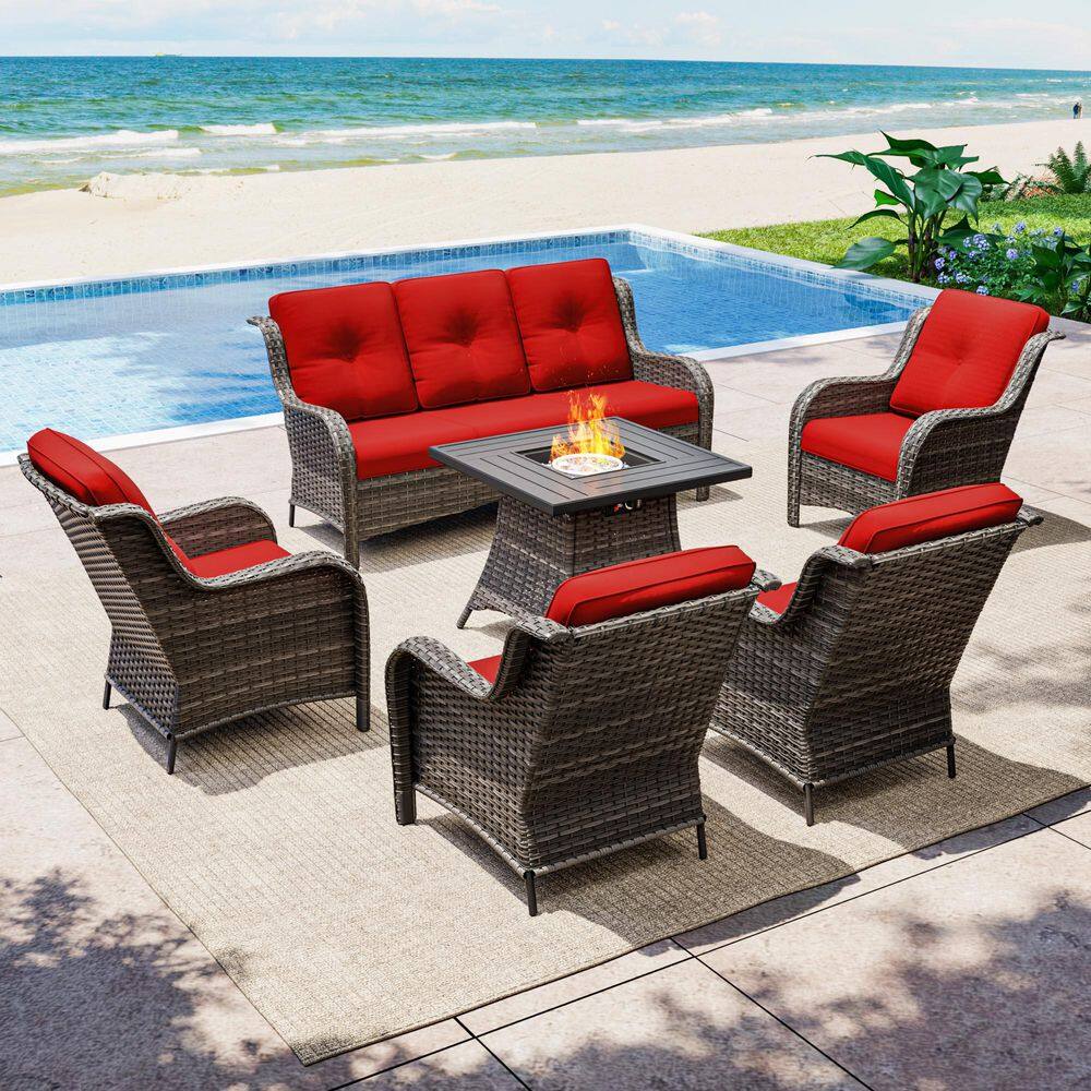 PremDwell 6-Piece Wicker Patio Conversation Set Patio Fire Pit Set with ...