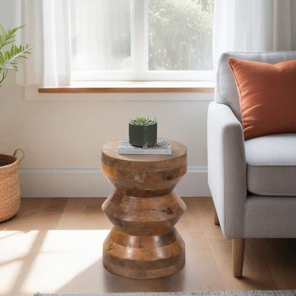 Liv & Skye 13 in. Brown Round Wood Top Accordion End Table with Drum ...