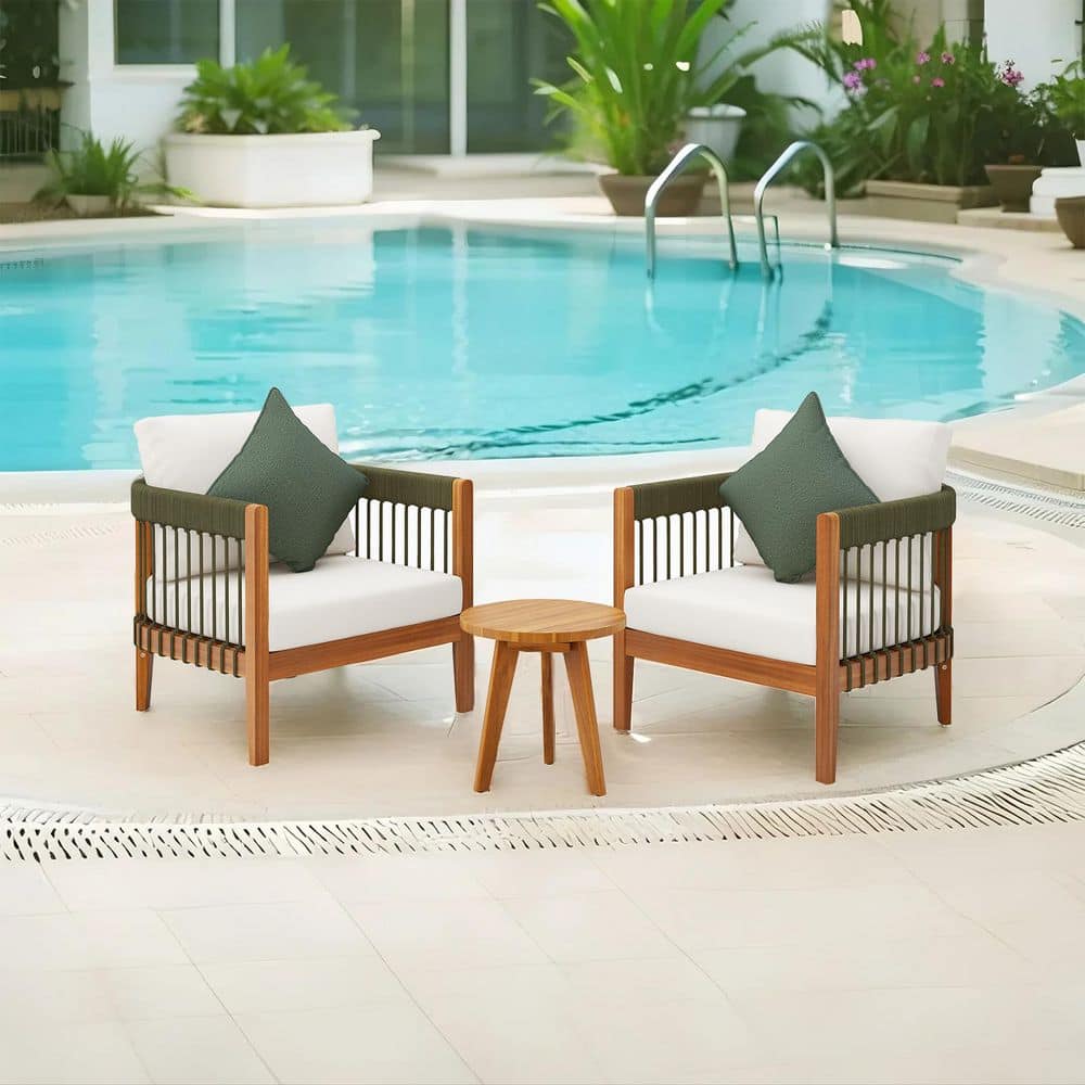 3 of Piece Acacia Wood Outdoor Bistro Set with Beige Cushions and Round ...