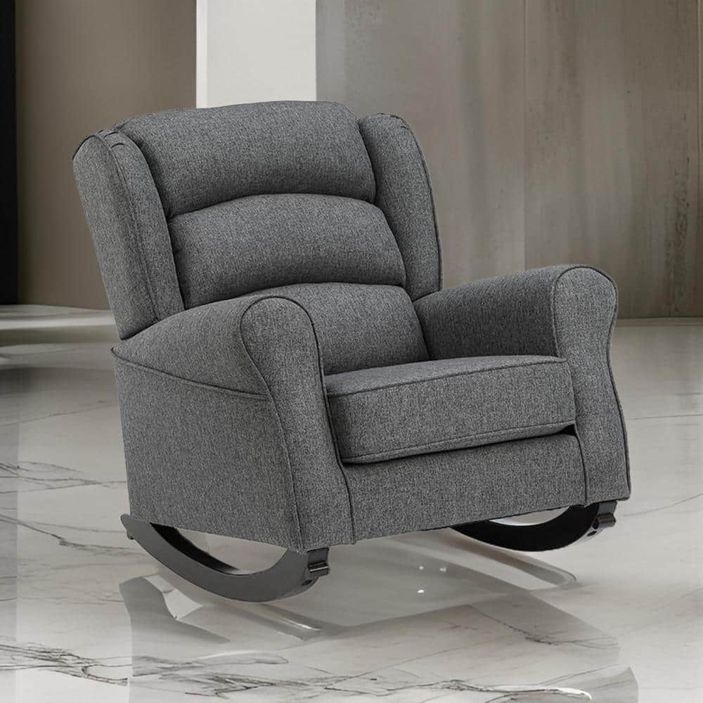 Benjara Gray Fabric Channel Tufted Upholstery Rocking Chair with Wood ...