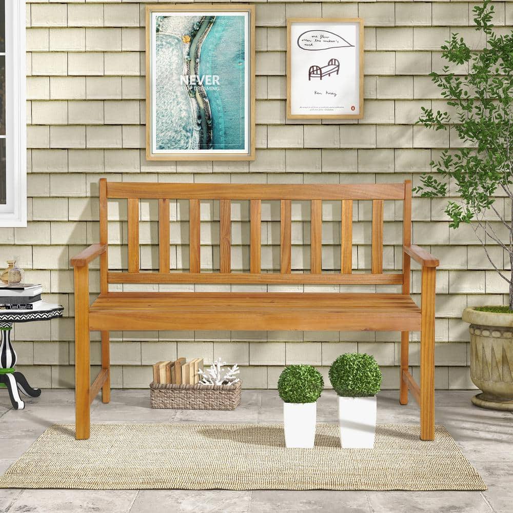 FORCLOVER 2-Person Acacia Wood Outdoor Bench with Backrest and Armrests ...