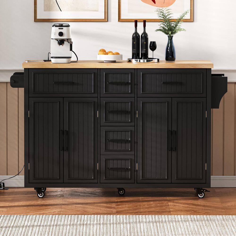 JimsMaison 57 in. Black Kitchen Cart with Drop Leaf, Power Outlet ...