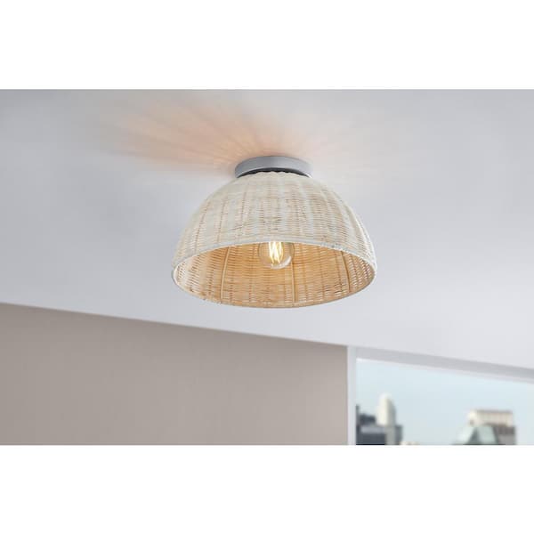 Hampton Bay Highler 13 in. Silver Flush Mount with White Rattan Shade ...