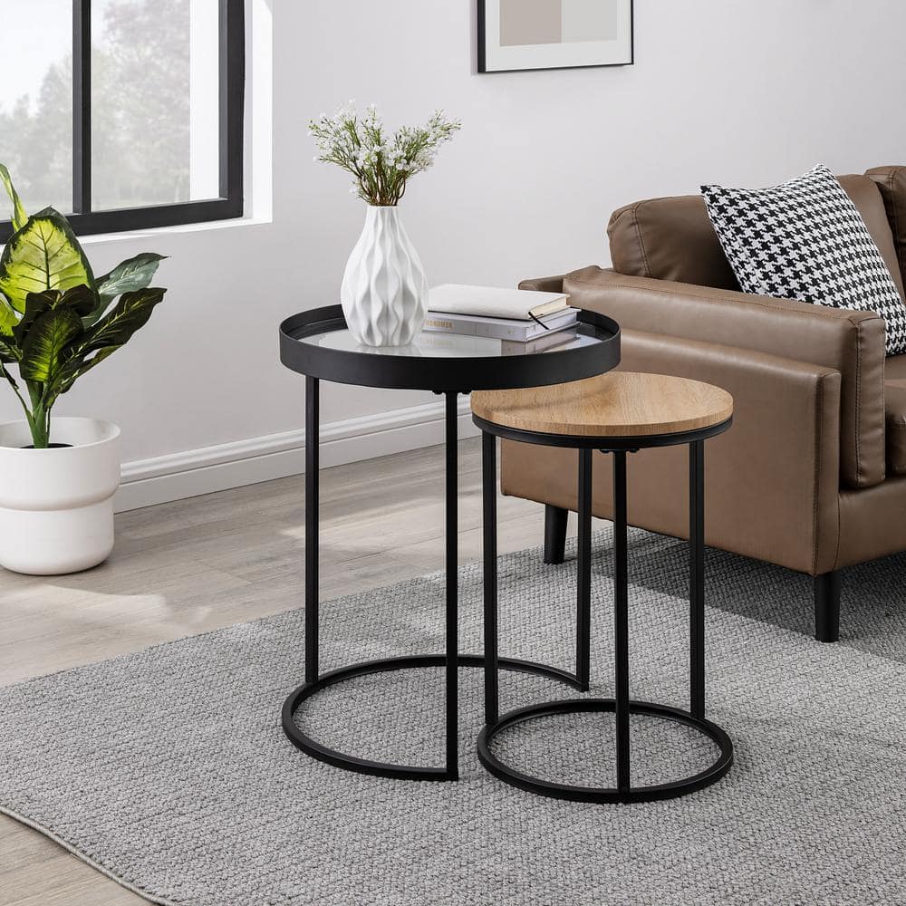 Welwick Designs 20 in. 2-Piece Glass and Wood Coastal Oak Round Nesting ...