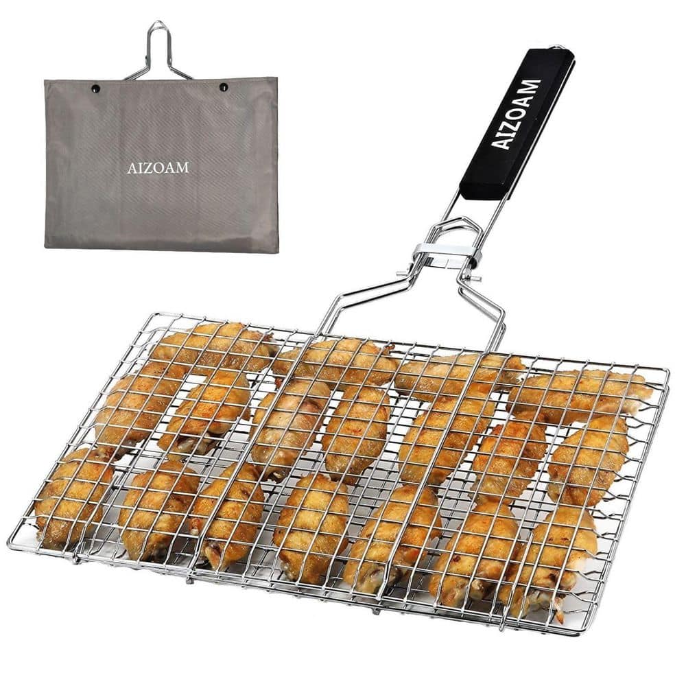Shallow Fish Grill Basket with Removable Handle, BBQ Grilling Basket ...