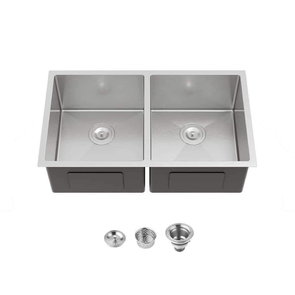 Staykiwi 33 in. Undermount Double Bowl 20-Gauge Gray Stainless Steel ...