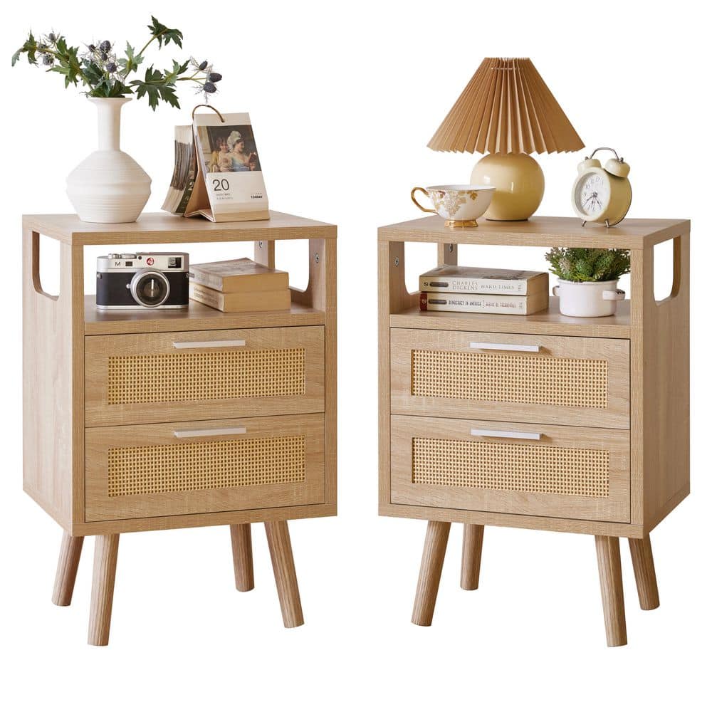 Noble House Siraj Natural 2-Drawer Nightstand with Golden Metal Handles ...