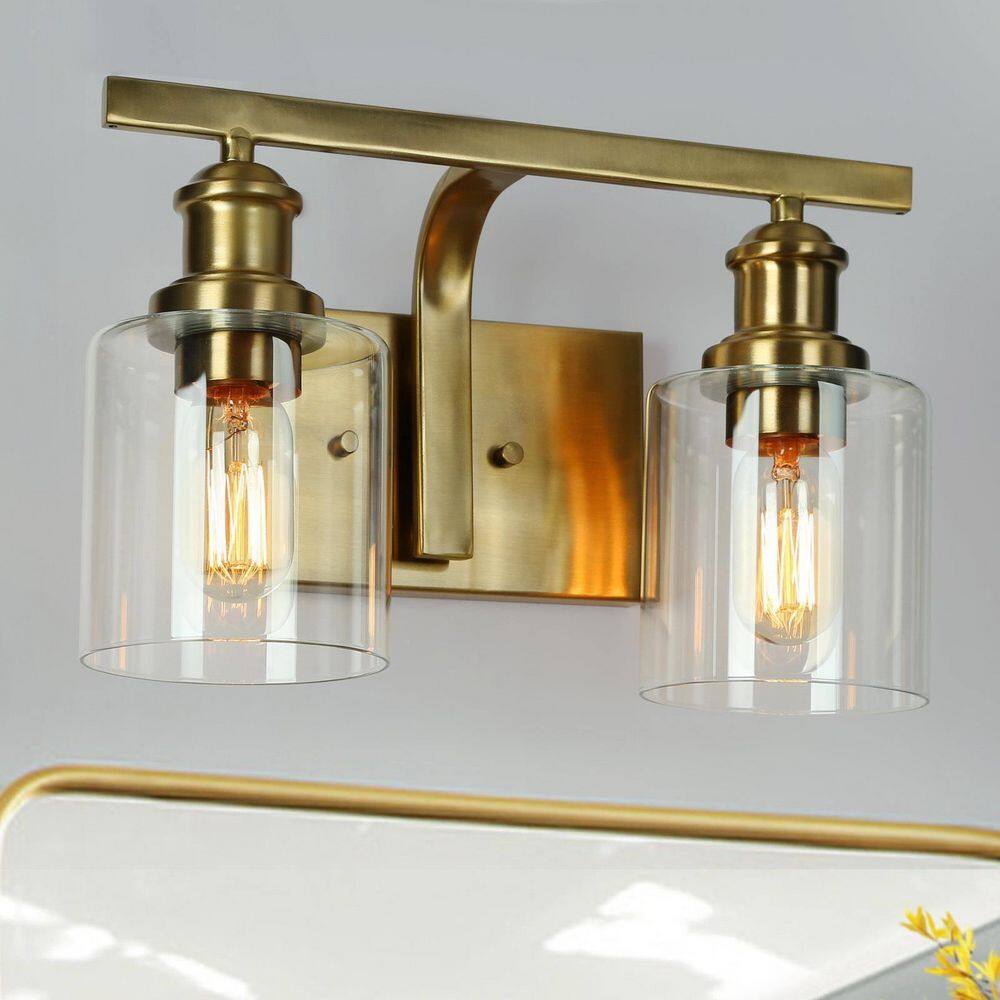 Zevni Modern Linear Bathroom Wall Sconce, 14 in. 2-Light Brass Vanity ...