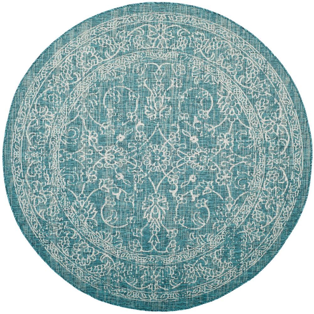 SAFAVIEH Courtyard Turquoise 8 ft. x 8 ft. Border Floral Scroll Indoor ...