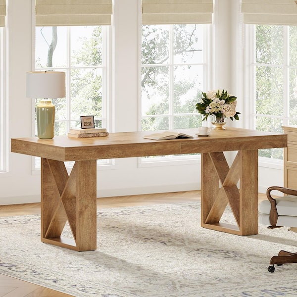 BYBLIGHT Moronia 63 in. Rectangle Light Brown Wood Computer Desk with X ...