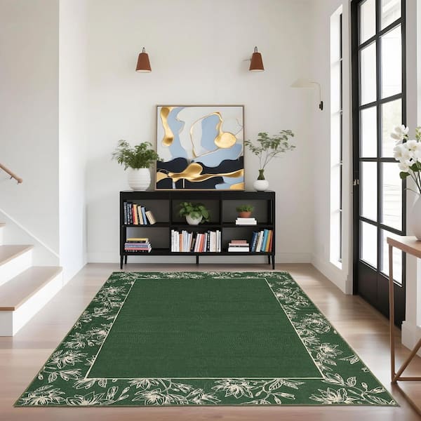 Dark Green 10 ft. x 13 ft. Leaf Print Bordered Rug Ultra Thin Soft for ...