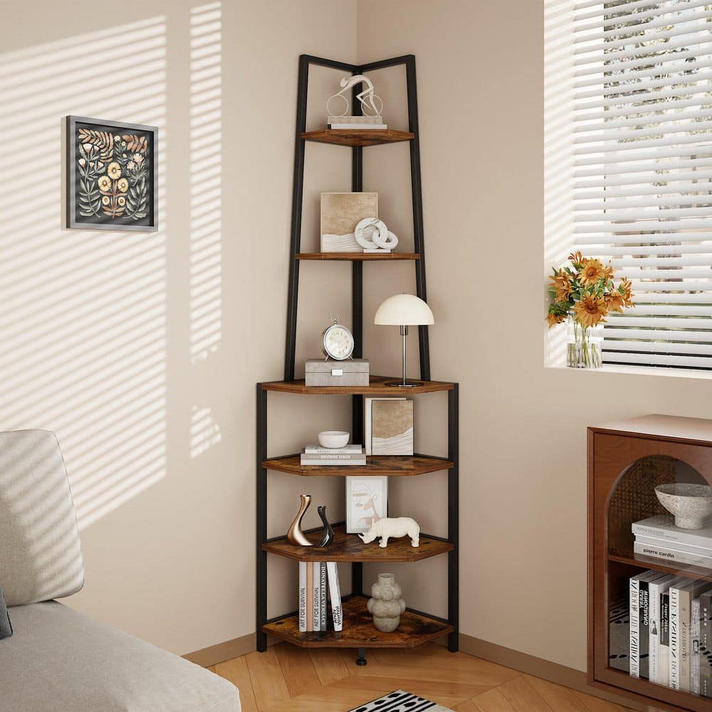 VECELO 69" 6-Tier Industrial Corner Shelf, Rustic Brown Corner ...