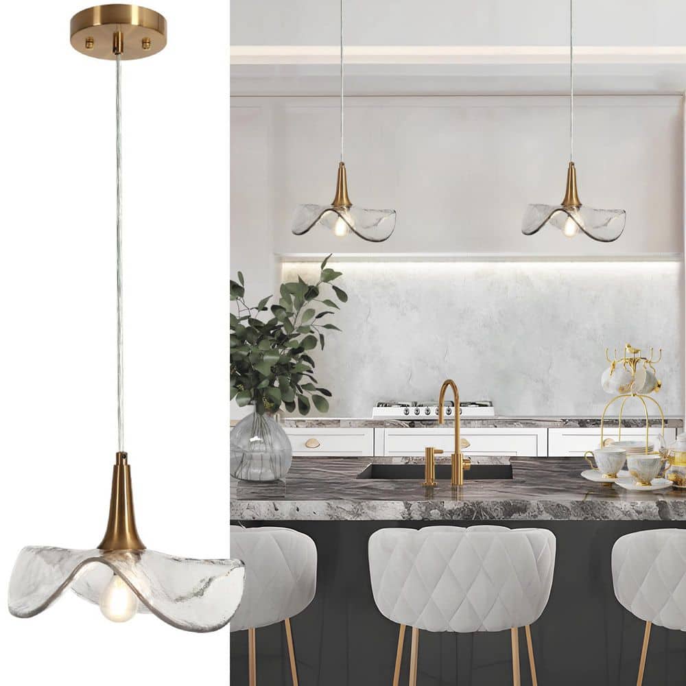 Reviews for LNC 1-Light Plated Brass Handmade Glass Wave Pendant Light, Modern Retro Kitchen ...