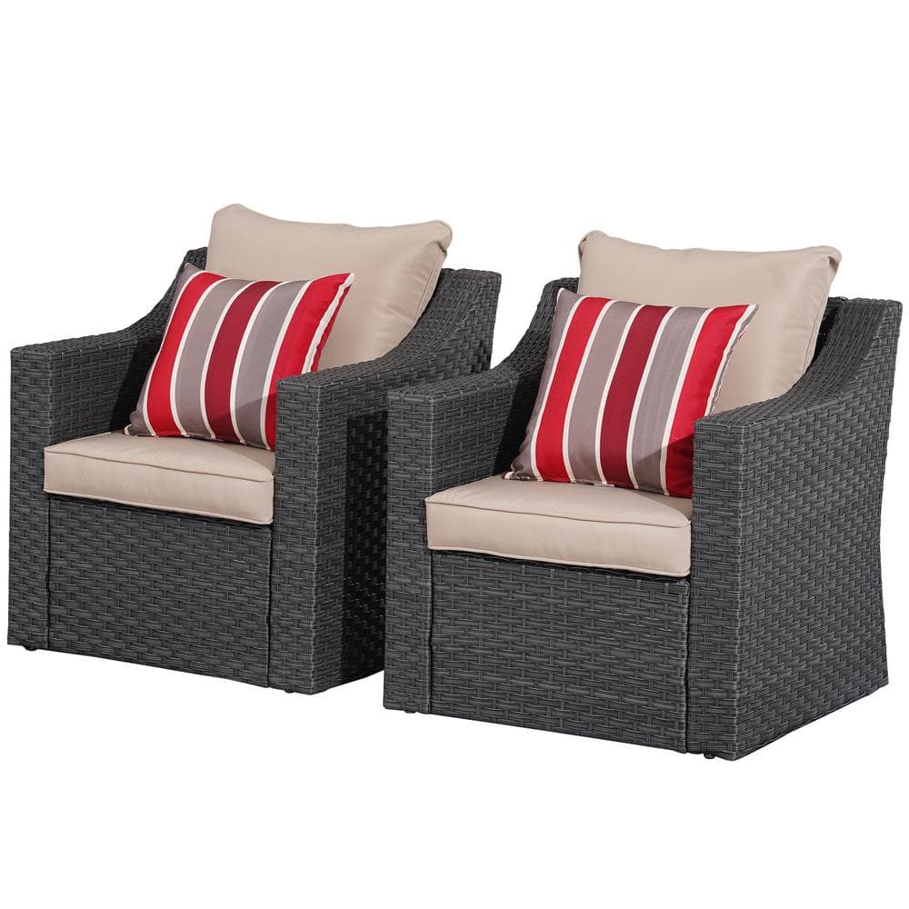 Zeus & Ruta Black Wicker Outdoor Lounge Chair with Brown Cushions for Pool, Lawn, Yard (2-Pack ...