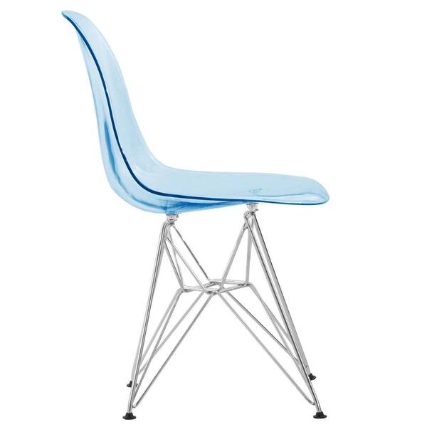 Leisuremod Cresco Modern Plastic Molded Dining Side Chair With Eiffel Chrome Legs Transparent Blue CR19TBU