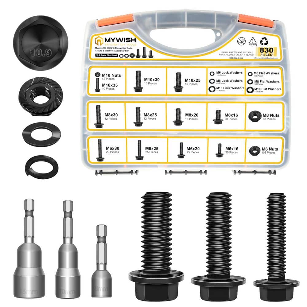MYWISH 830PCS M6, M8, M10 Bolt and Nut Kit with Washers, Flange Bolts ...