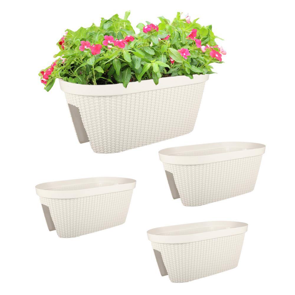 Aoodor 19.6 in. White Plastic Rattan Pattern Balcony Railing Planter ...