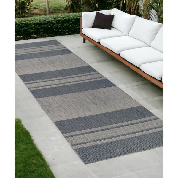 HomeRoots Blue, Gray 2 ft. x 8 ft. Loomed Striped Polypropylene Runner ...