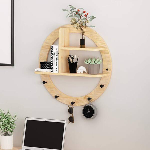 18.11 in. W x 3.94 in. D Brown Round Solid Wooden Decorative Wall Shelf for Living Room