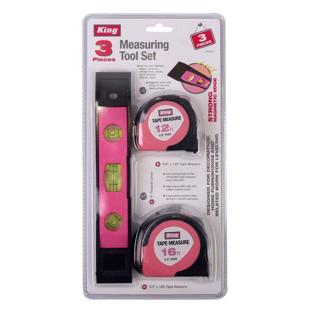 KING Pink 12 ft. and 16 ft. Tape Measure and 9 in. Level Set (3-Piece ...
