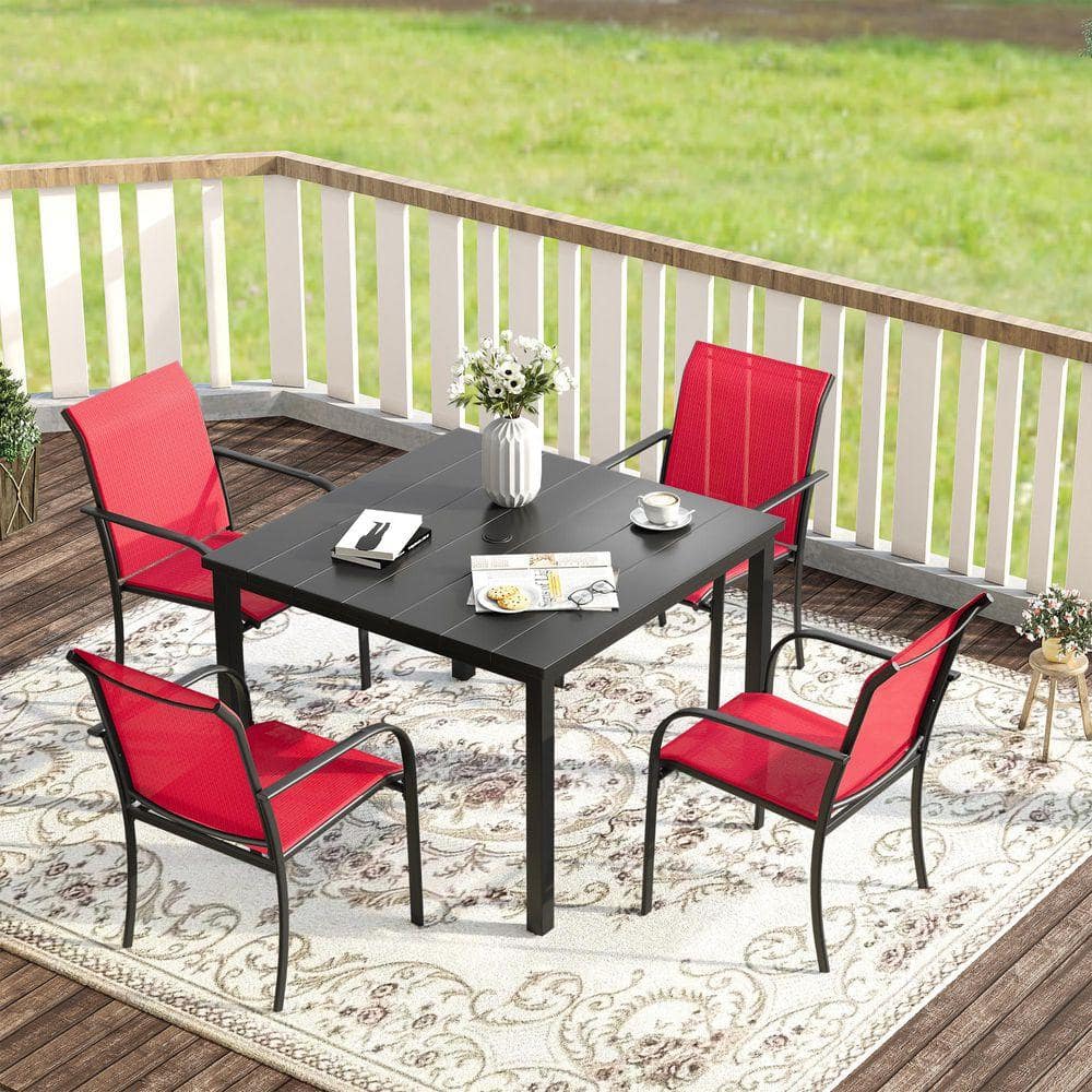 vicllax 5-Piece Metal Outdoor Dining Set with Black Square Table and 4 ...