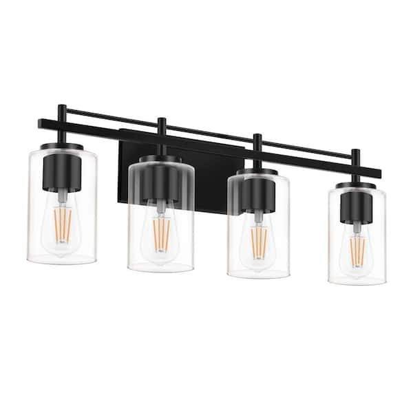 HKMGT Farmhouse 24 in. 4-Light Black Bathroom Vanity Light with Glass ...