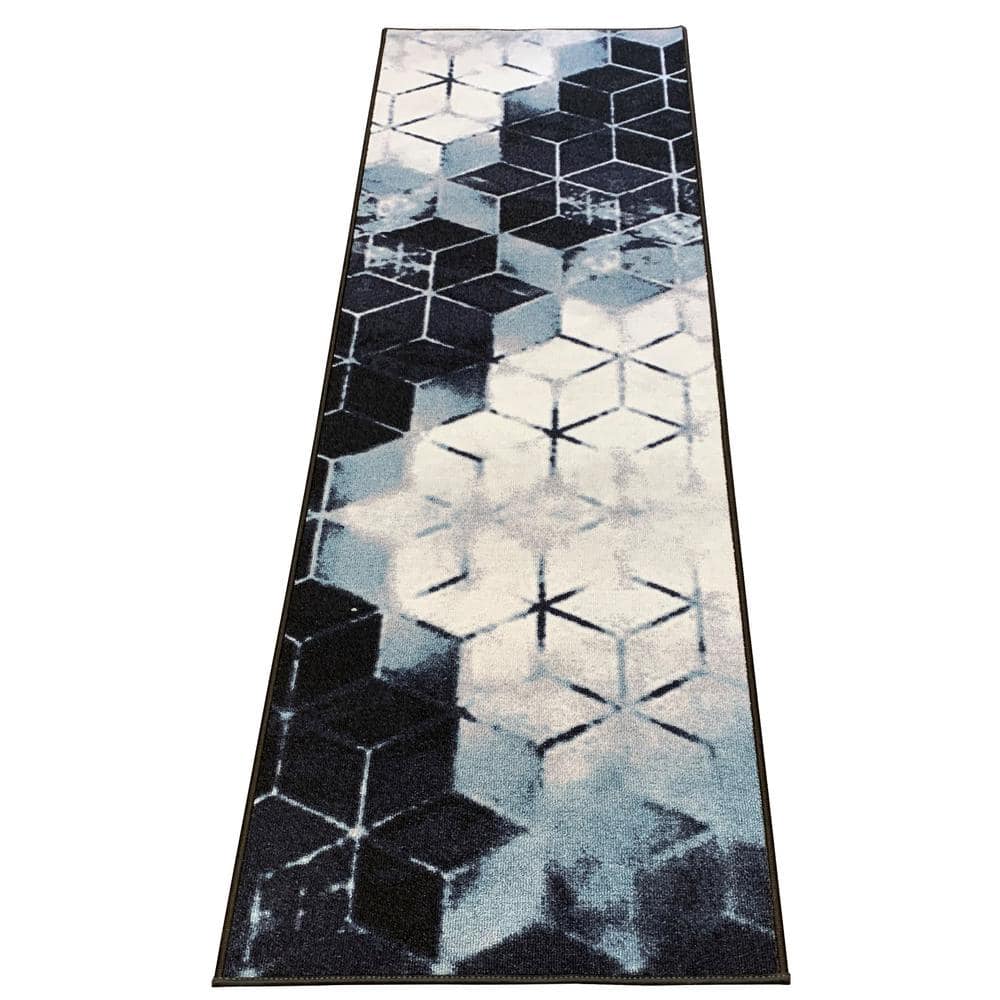 PLAYA RUG Cubes Abstract Navy 26 in. W x 28 ft. L RunnerRug/Stair ...